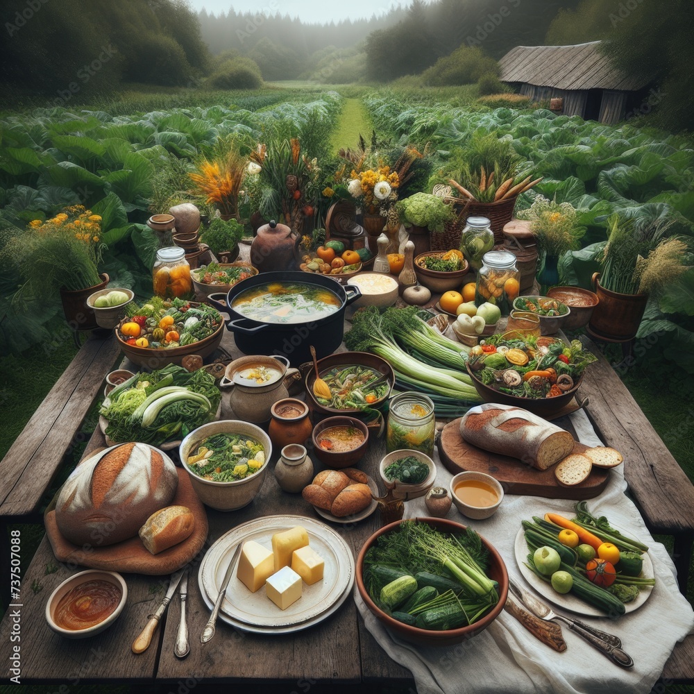 organic, fresh, vegetables, bread, homemade, soup, preserves, butter ...