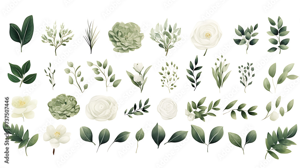 Watercolor green floral illustration on white background. Leaf frame ...