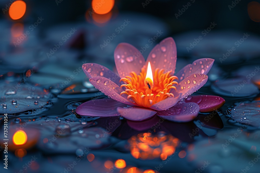 Floating Flower A Pink Lotus Blossom Illuminated by a Candle in the ...