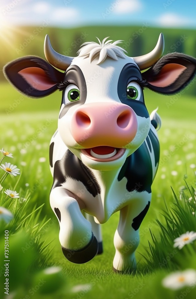 Cartoon style. A cartoon cow with big eyes runs through a green meadow ...