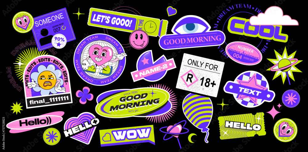 Sticker pack in y2k retro style. Vectors shape with smiley faces, text ...