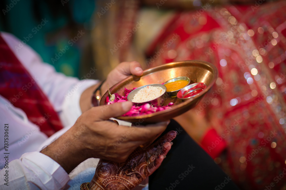 the Indian Yajna ritual. Indian Vedic fire ceremony called Pooja. A ...