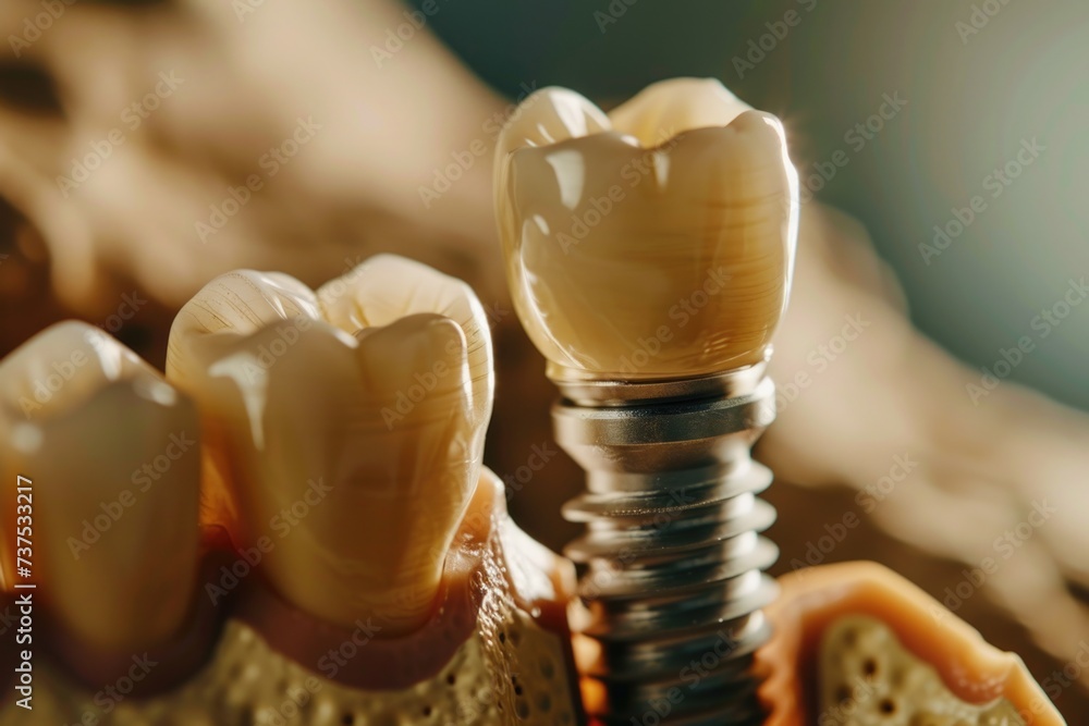 A close-up view of a tooth with a dental implant. This image can be ...