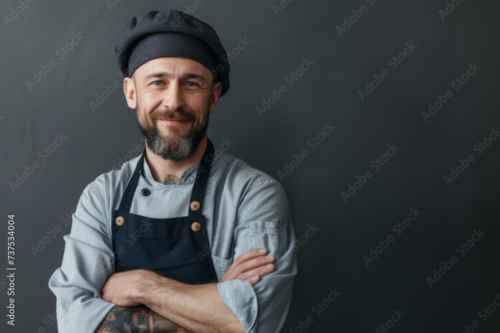 Chef cook with stubble in beret arms crossed looking at camera in a ...