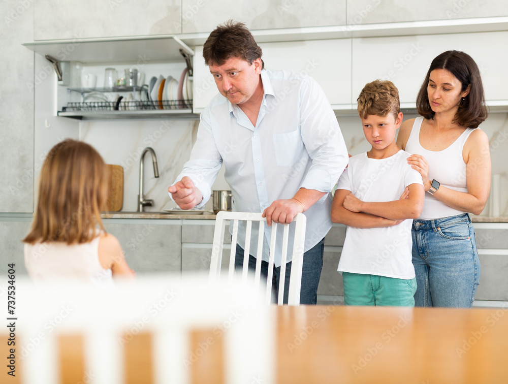 At home in kitchen, parents scold their daughter for careless act ...