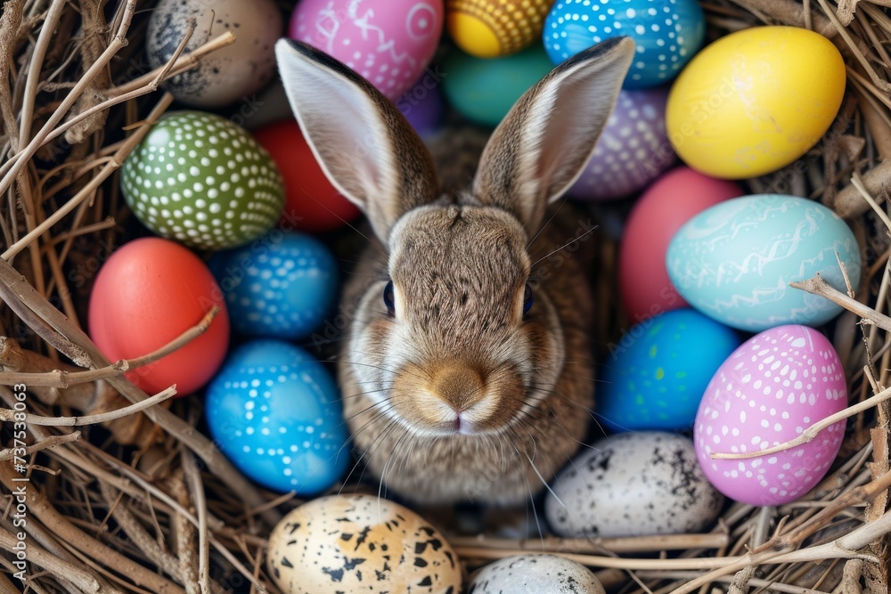 Happy Easter Eggs Basket decorating. Bunny in flower easter Desert ...