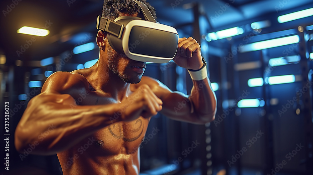 Black muscular athlete dons VR headset, engages in high-tech workout in ...