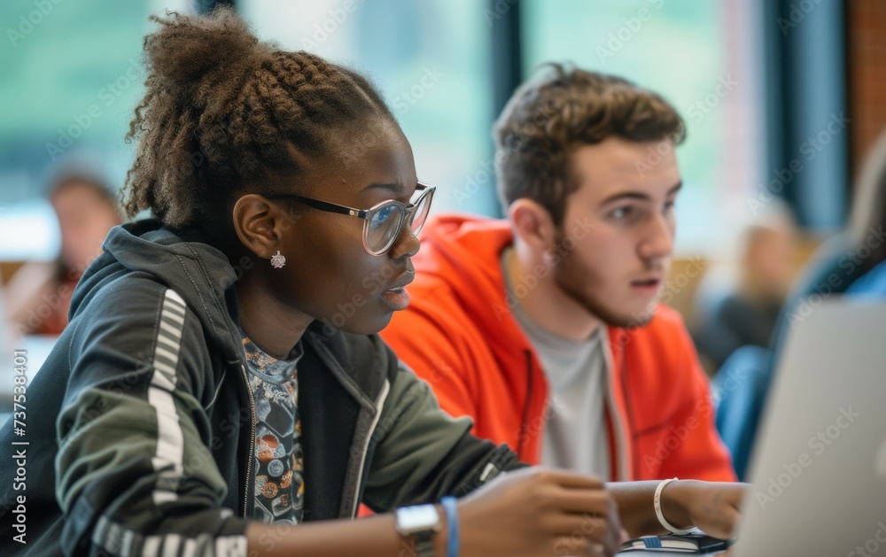 Ethnically diverse students collaborate on college project in ...