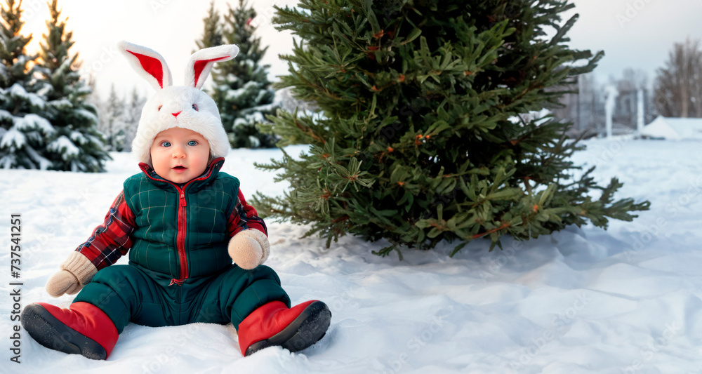 An infant, adorned in a cute bunny hat, sits in the snow near a pine ...
