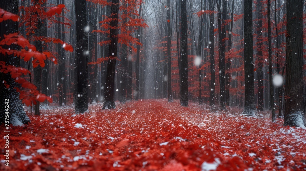 a red forest with snow falling on the ground and trees with red leaves ...