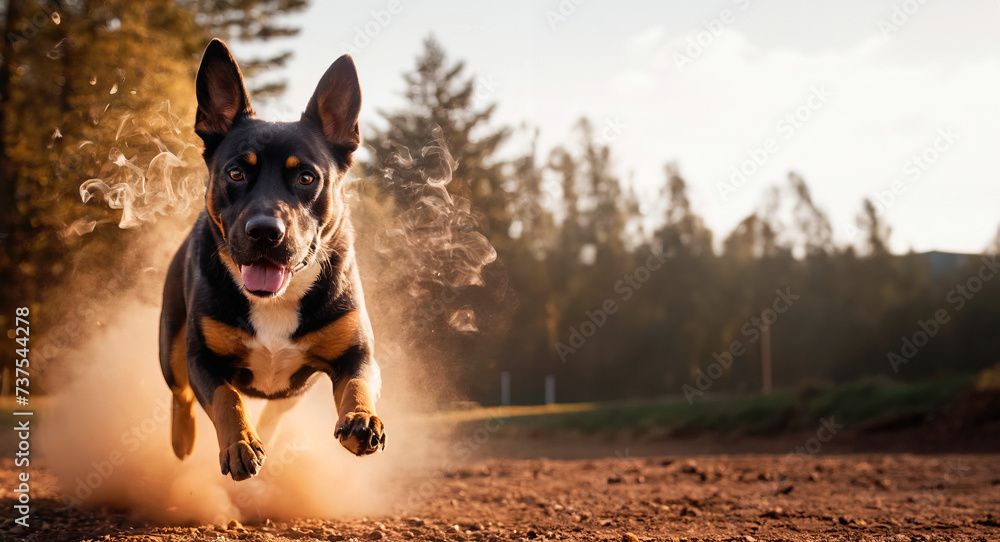 A dynamic dog in full sprint, with dust billowing behind it, vividly ...