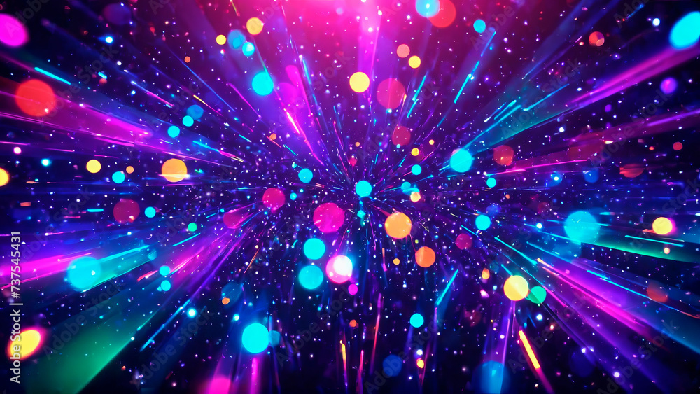 Dynamic space scene with colorful light particles bursting ...