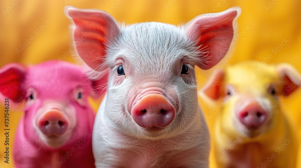 three little pigs standing next to each other in front of a yellow and ...