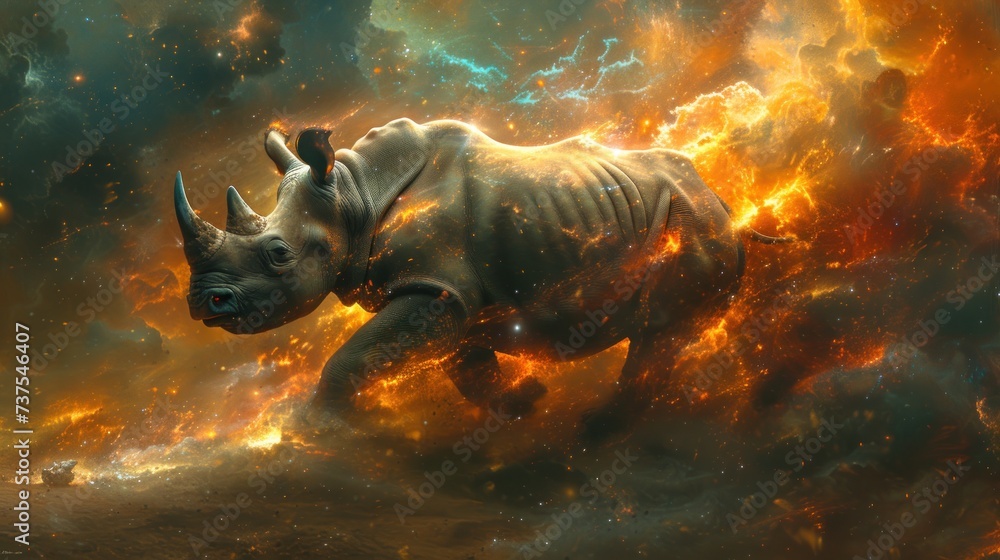 a painting of a rhino running through a space filled with orange and ...