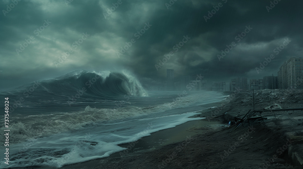 Huge tsunami wave in the ocean heading towards a city during a storm ...