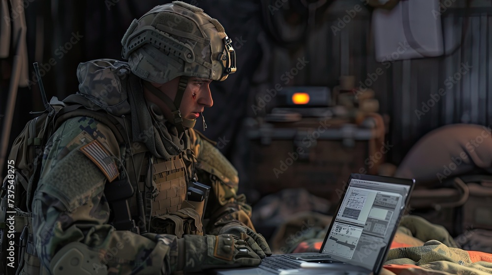 The soldier is equipped with precision military equipment. Authentic ...