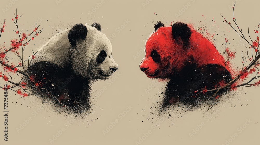 two black and white pandas facing each other with red paint splatters ...