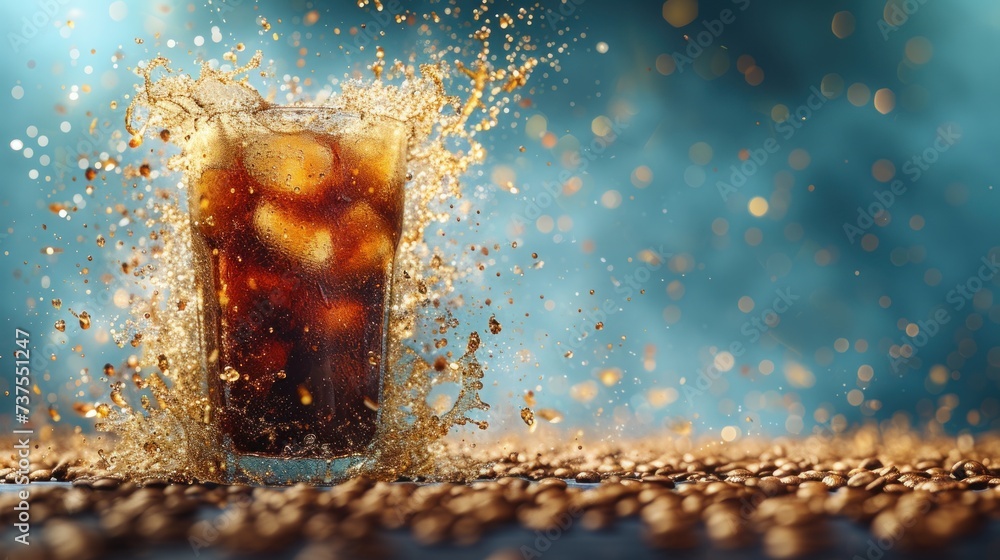a glass of cola with a splash of water on top of it and coffee beans on ...