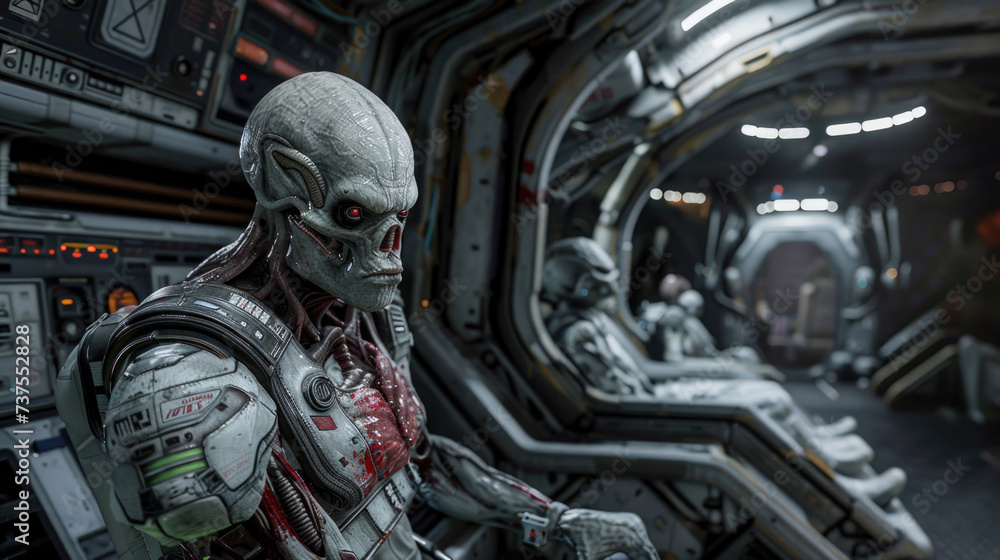 Alien soldier inside spaceship, scary military cyborg sits in ...
