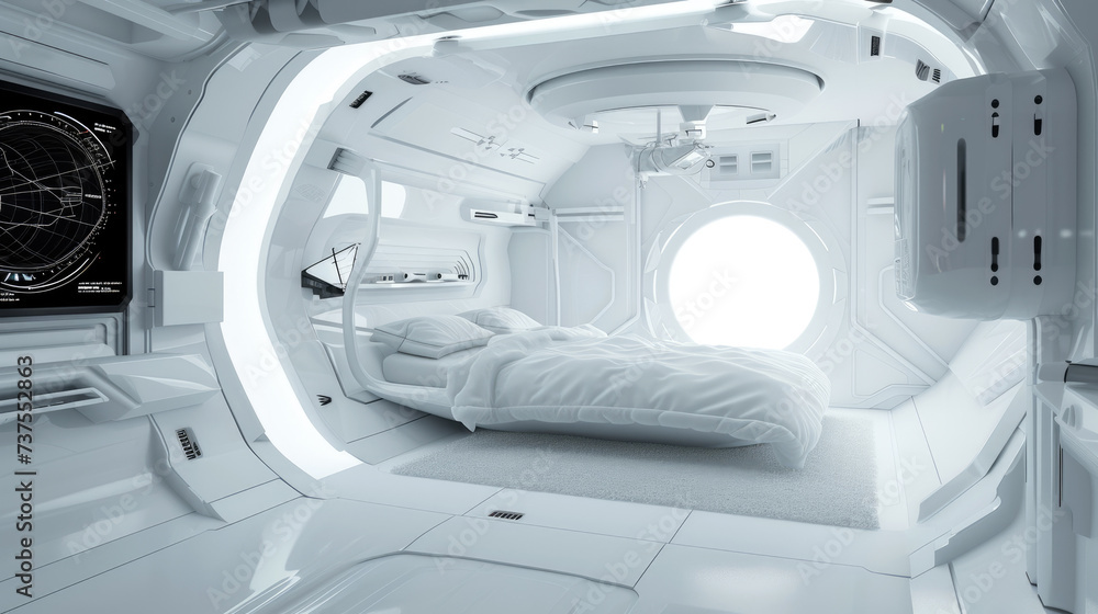 Spaceship living room white interior, design of habitat in starship or ...