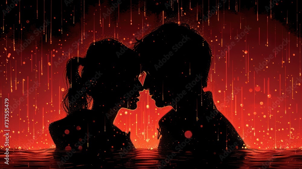 a couple kissing in the rain under an orange and red background with ...