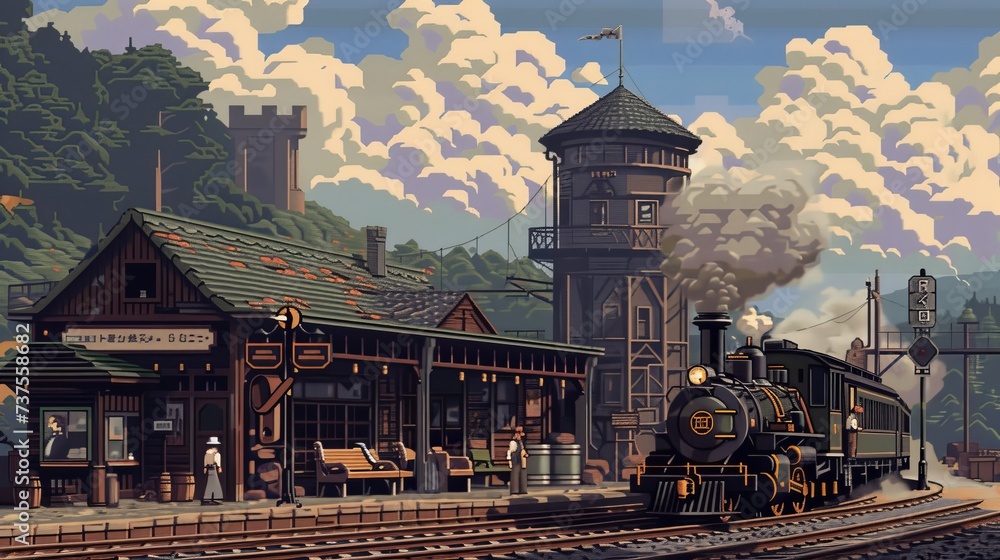 Amidst the rolling clouds and open sky, a majestic train station stands ...