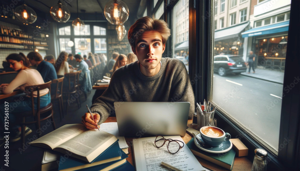 A college student sits by the window of a noisy cafe, surrounded by ...