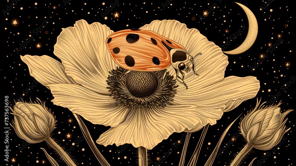 a lady bug sitting on top of a white flower next to a moon and a star ...