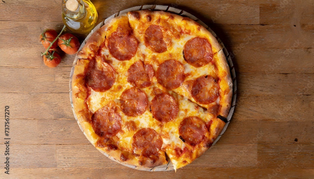Pizza de pepperoni sobre uma tábua de madeira que está em uma mesa de ...