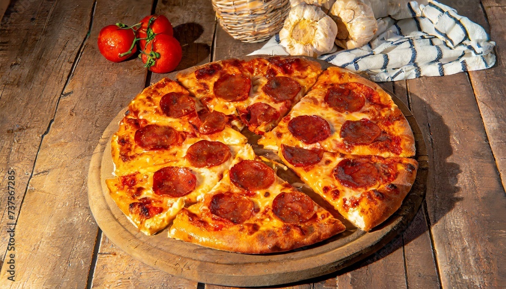 Pizza de pepperoni sobre uma tábua de madeira que está em uma mesa de ...