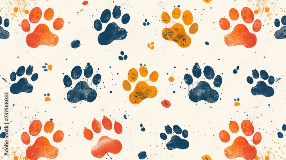 a white background with orange, blue, and black paw prints on a white ...