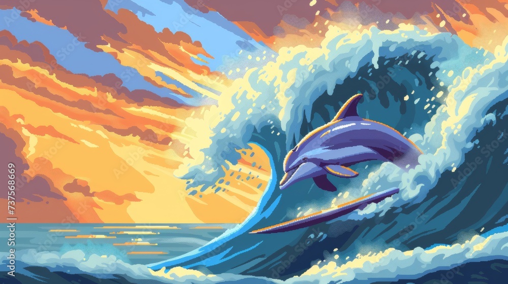 An exquisite painting capturing the graceful arc of a dolphin leaping ...