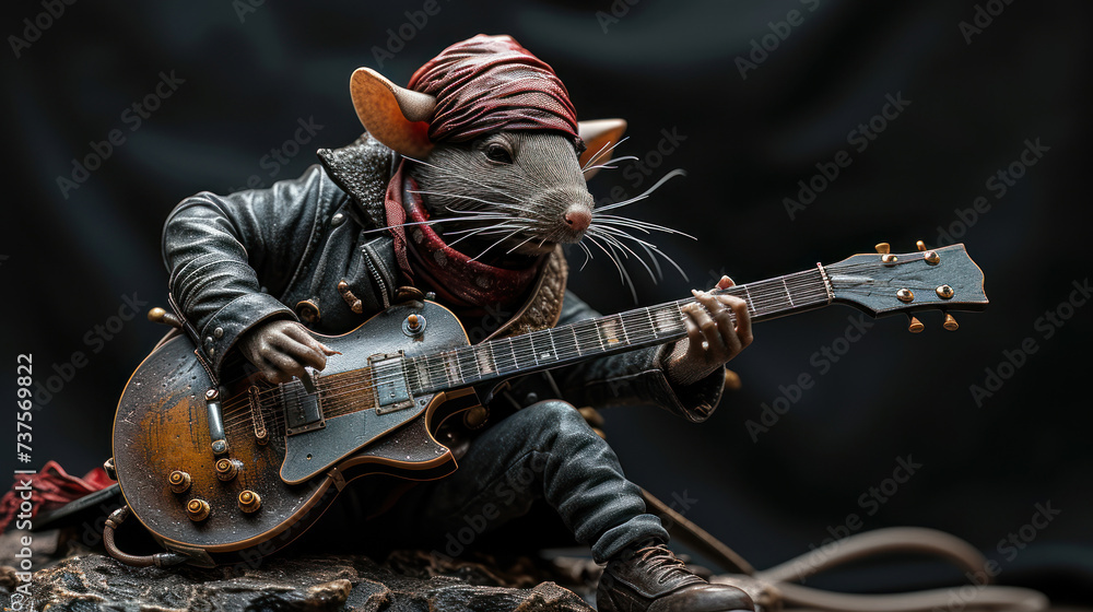 a figurine of a rat playing a guitar and wearing a bandana and a ...
