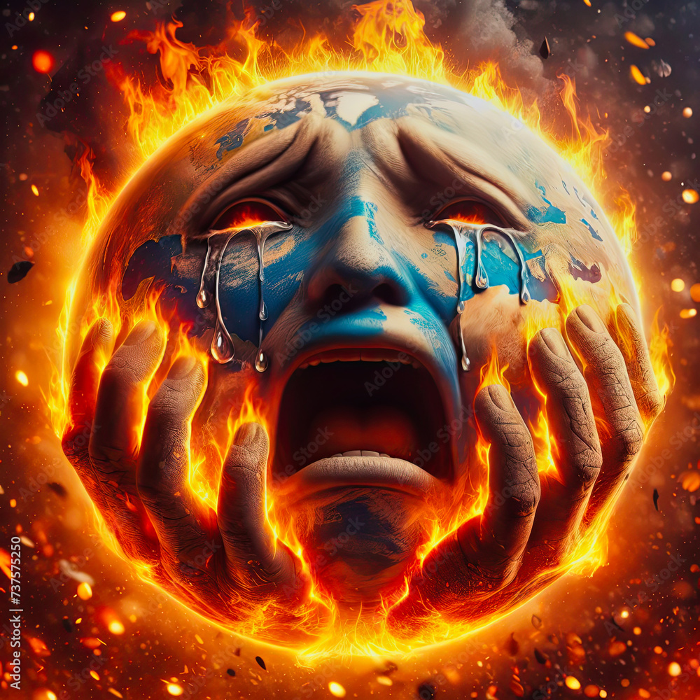 Conceptual image of a globe crying and despairing as it is devastated ...