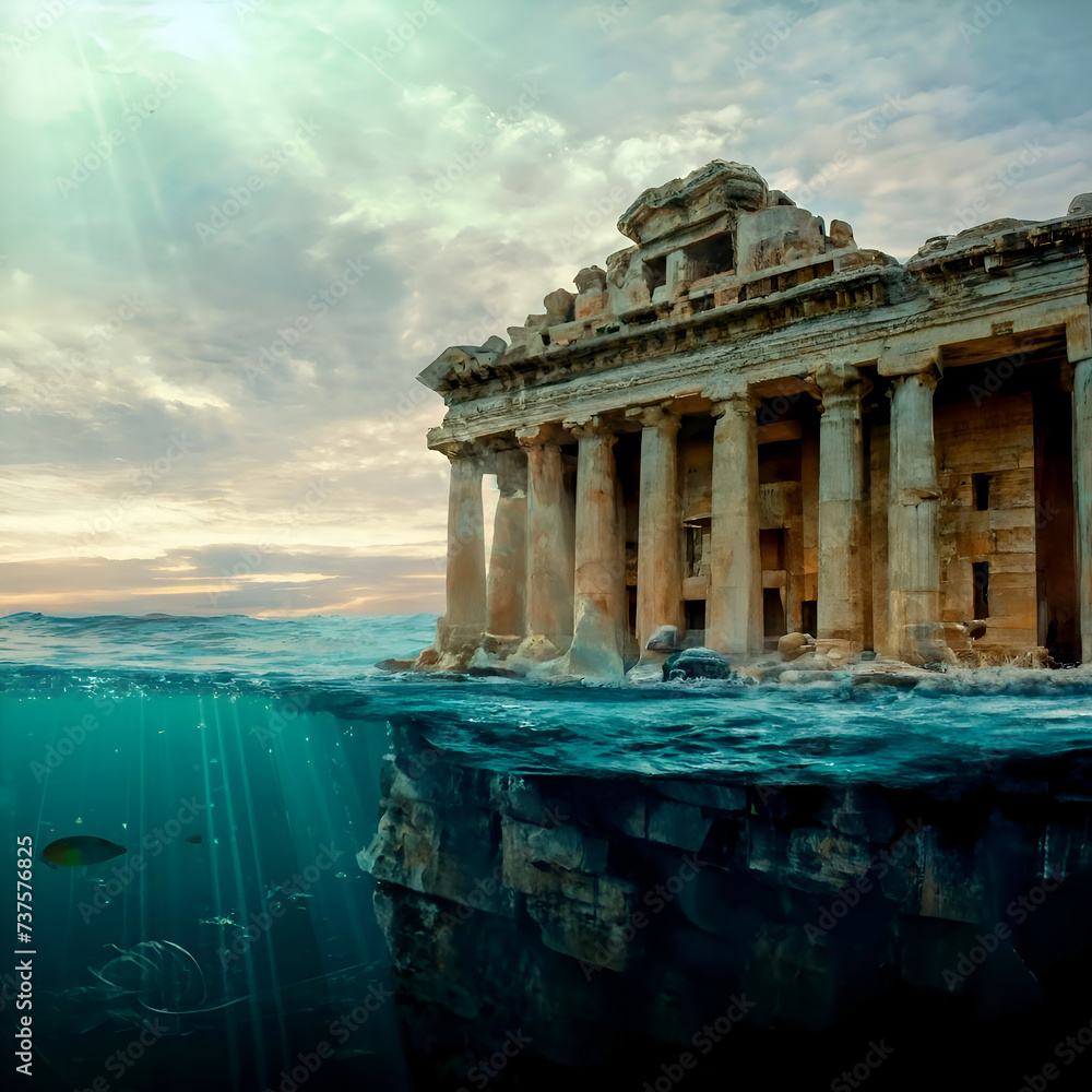 Imaging Construction with columns of lost Atlantida world around ocean ...