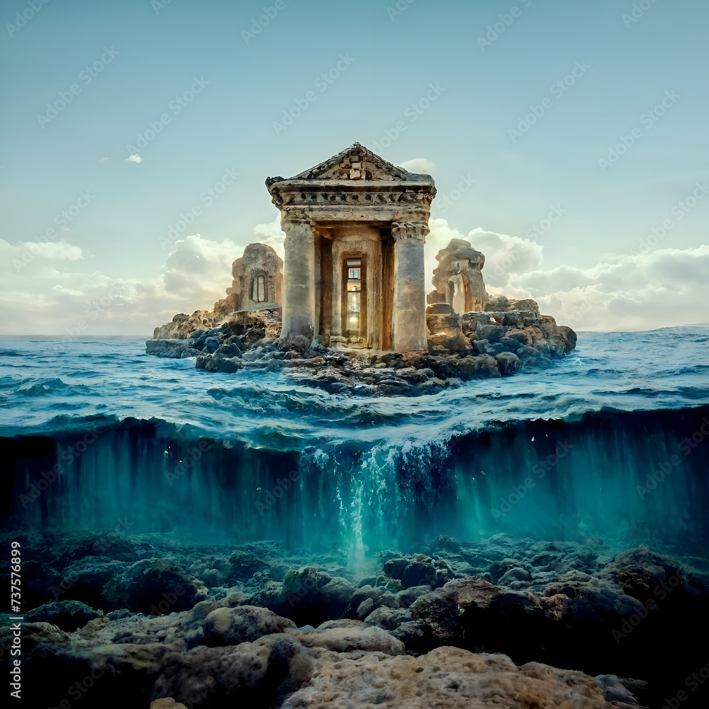 Imaging Construction with columns of lost Atlantida world around ocean ...