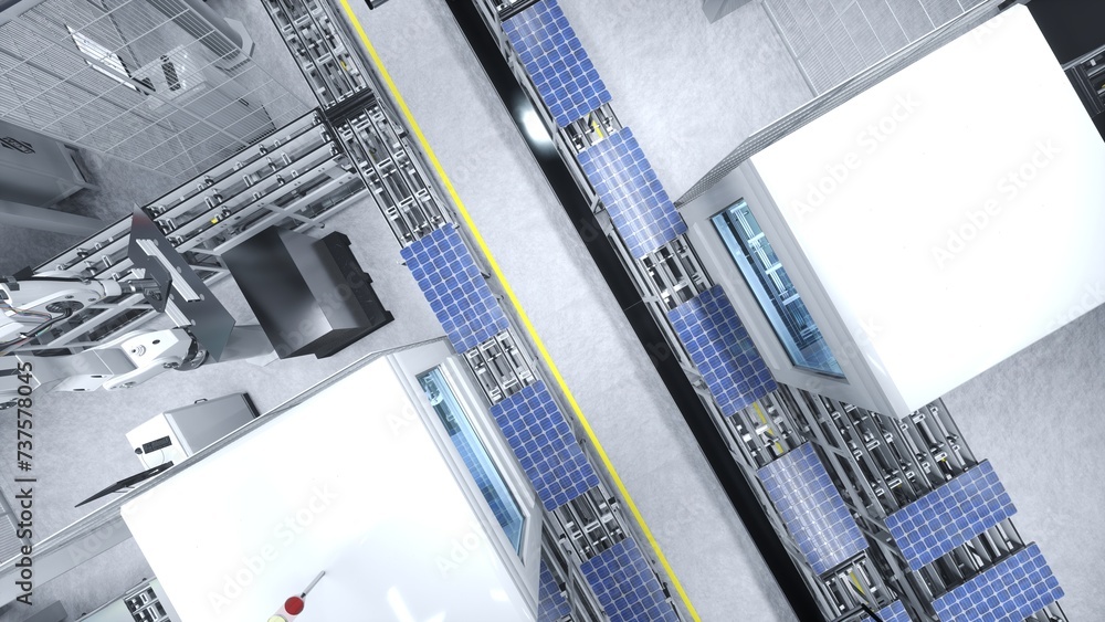 Top down view of solar panel warehouse with automated robot arms placing PV modules on conveyor ...
