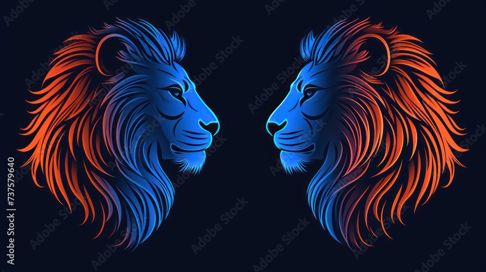two lions with red and blue manes facing each other on a black ...
