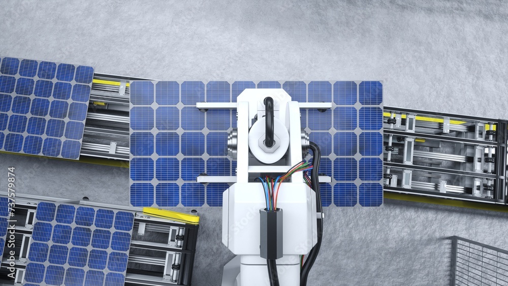 Aerial shot of robotic arm placing solar panel on production line in ...