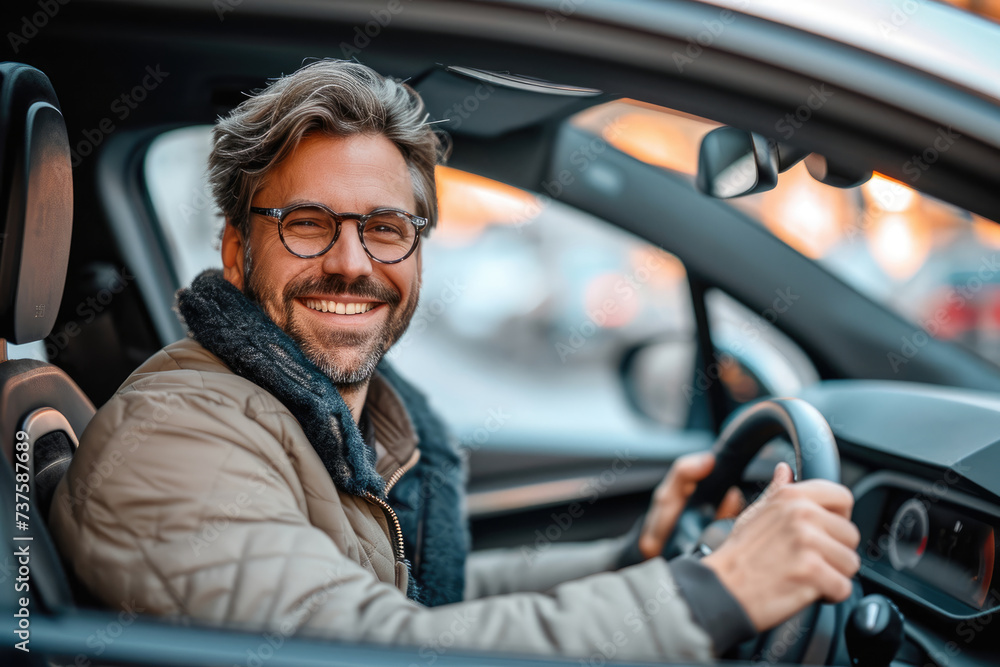Conductores felices y satisfechos con su nuevo coche eléctrico Stock ...