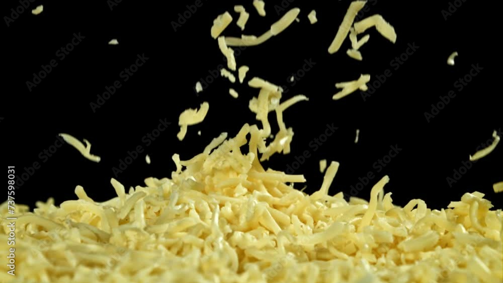 Shredded cheese falling on black background. Filmed on a high-speed ...