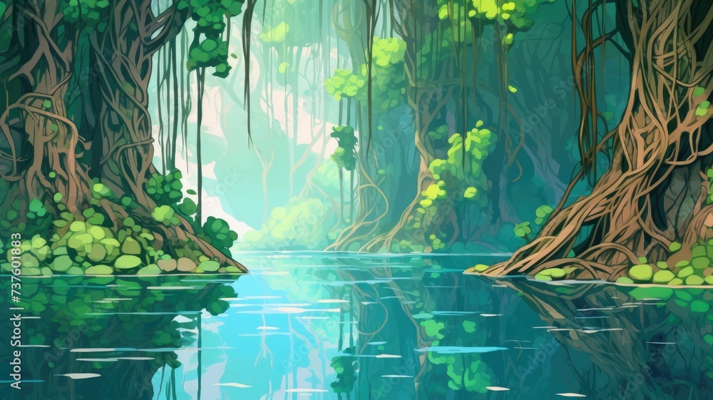 ภาพประกอบสต็อก cartoon river flowing between old trees with green ...