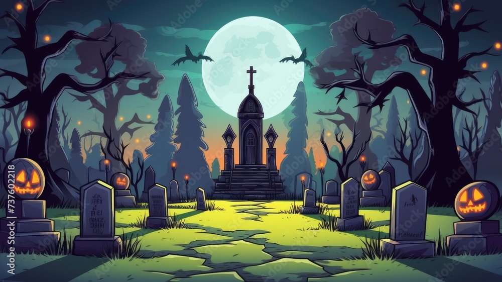 cartoon spooky graveyard scene under the full moon, surrounded by eerie ...