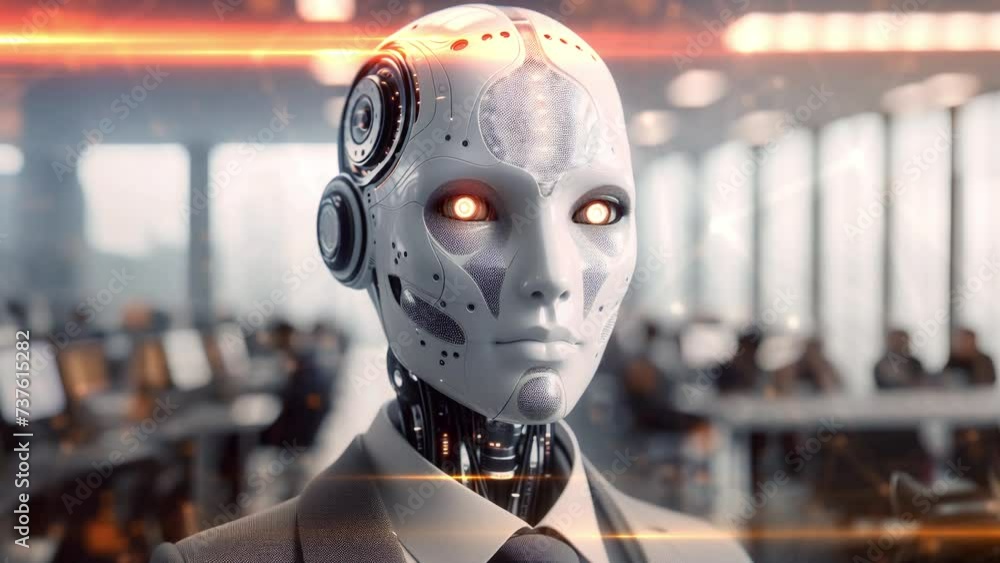 humanoid robot Futuristic humanoid robot is On a office background 3D ...