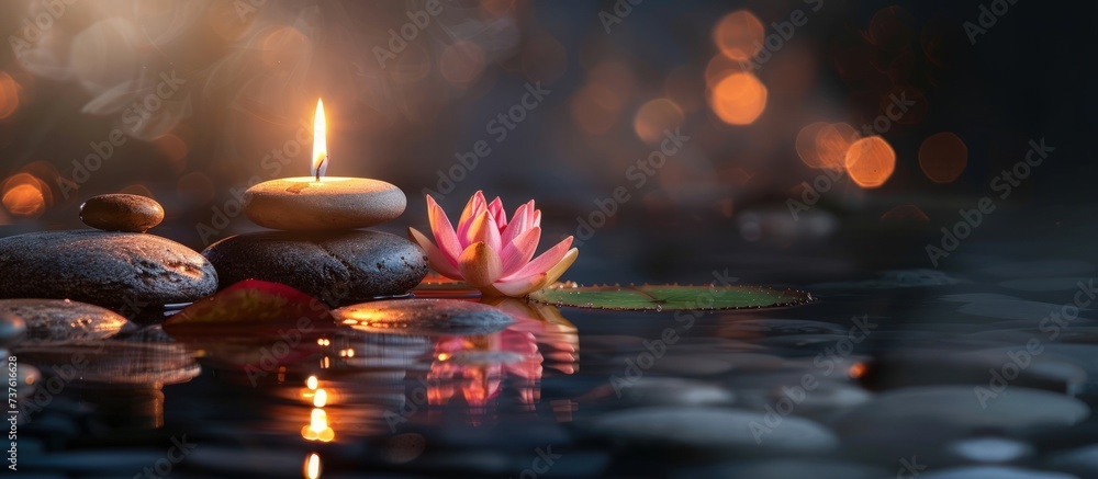 Decoration of stack zen stones with candle and lotus flower on blur ...