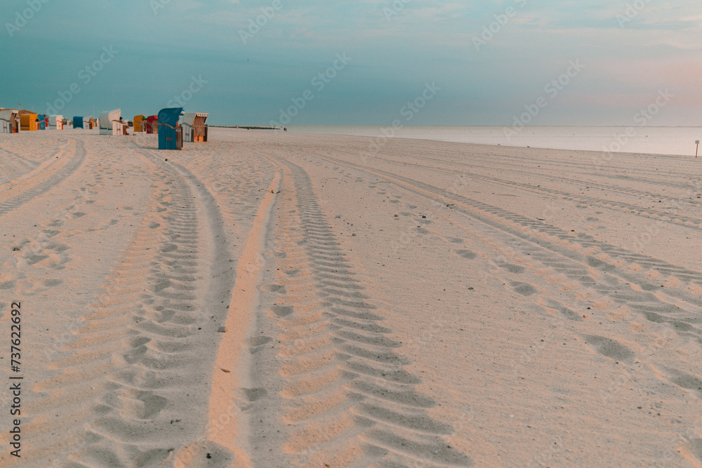 sandy beaches of Fehr island, North Sea, Germany.Beach box on the sea ...