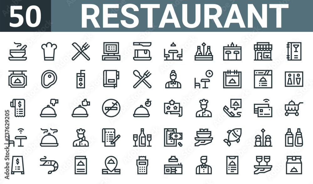 set of 50 outline web restaurant icons such as soup, toque, cutlery ...