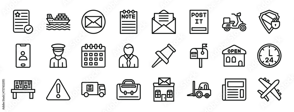 set of 24 outline web post office icons such as approved, shipping ...