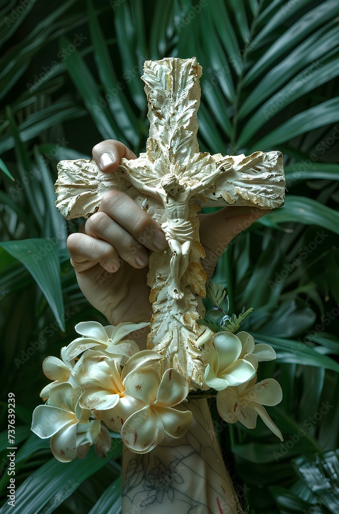Palm Sunday Symbolism: Hand Holding Cross with Crucifixion of Christ ...
