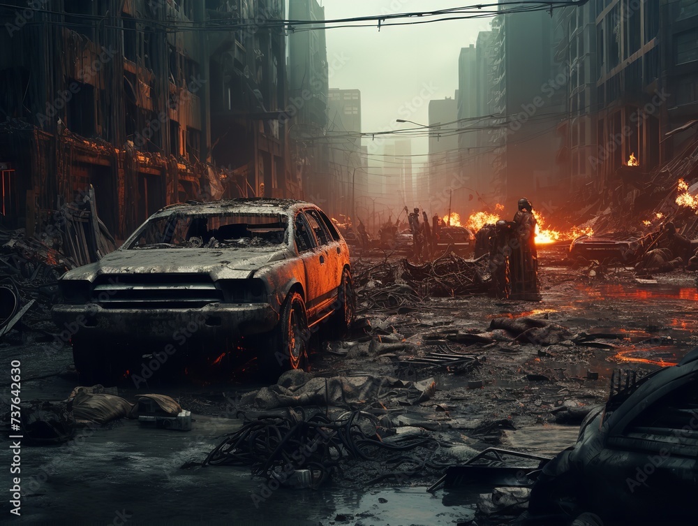 Amidst the rubble and flames of a devastated city, abandoned vehicles ...